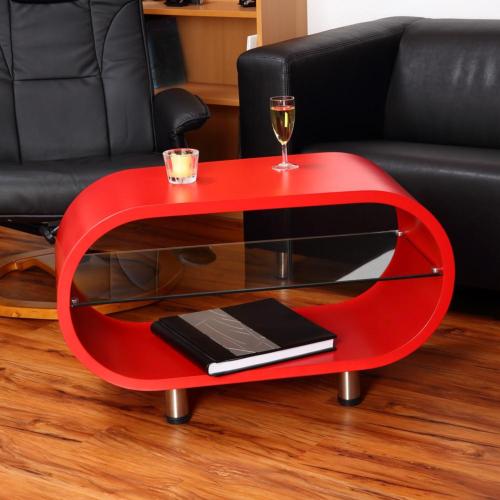 TABLE basse, rouge laqué, plateau verre, 85 cm